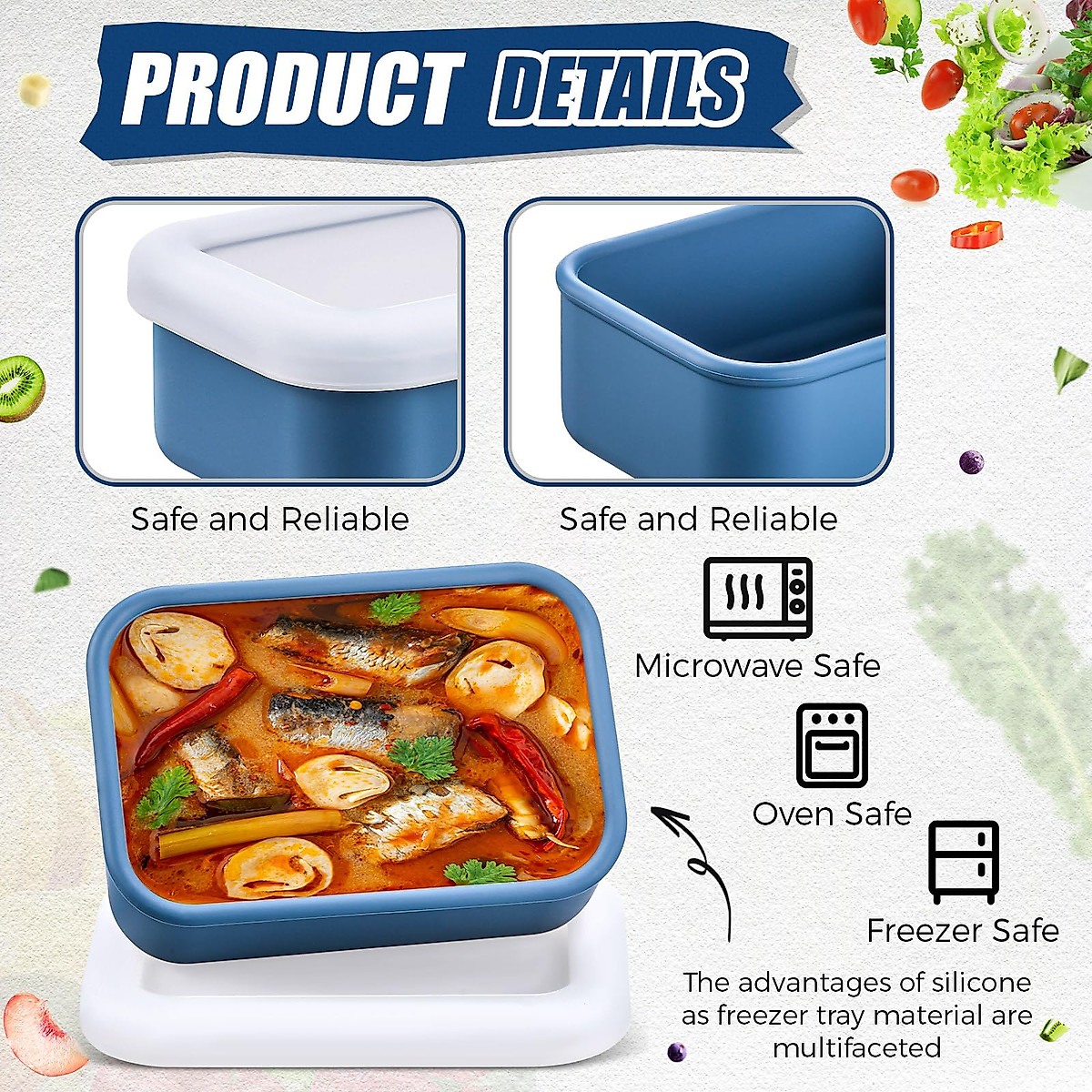 Nuogo 8 Pcs 1 Cup Silicone Freezer Trays with Lid Silicone Soup Molds Rectangle Soup Freezer Containers Reusable Food Preserving Tray Ice Trays for Soups Sauces Stews(Dark Blue)