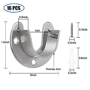 16 PCS Stainless Steel Closet Rod Brackets, 1 Inch Dia Heavy Duty Socket Flange Rod Holder, Shower Curtain Rod Pole End Supports, Open Type Wardrobe Bracket Holder with Screws U-Shaped, Silver