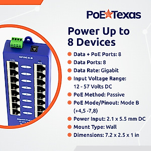 PoE Texas GPOE-8B - 8 Port PoE Injector - Gigabit Passive Mode B Power Over Ethernet Injector for Ubiquiti, Mikrotik & More - Add PoE to A Non-PoE Switch - 24v, 48v or 56v Power Supply Sold Separately