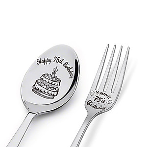 Happy 75th Birthday Spoon&Fork Gifts Engraved Spoon&Fork Personalized Birthday Gifts for Father Mother Grandpa Grandma Family Elders Friends