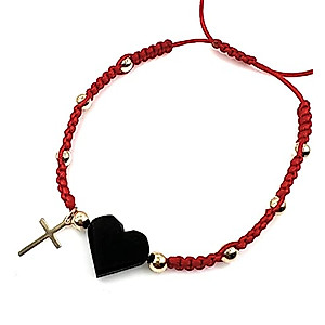 LESLIE BOULES Red Thread Genuine Heart Azabache Bracelet with Tiny Gold Plated Catholic Cross Handmade Jewelry