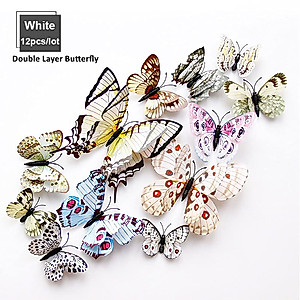 NC 3D Double Layer Butterfly Wall Decor Removable Butterfly Stickers DIY Decorative Wall Art Crafts for Children Room Decor 12pcs(White)