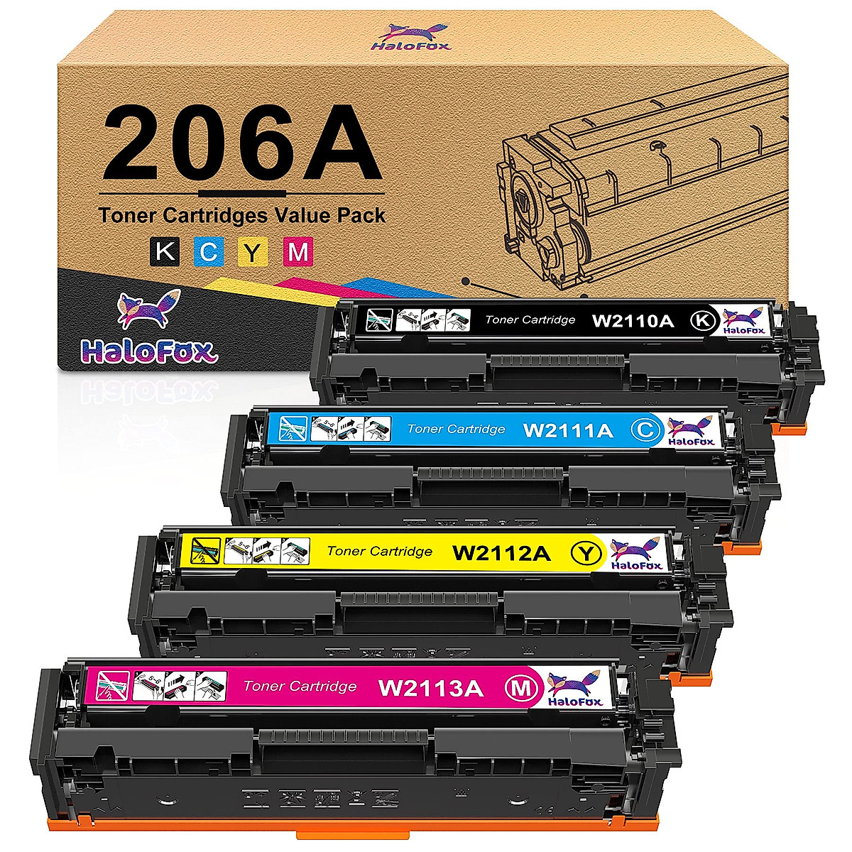 HaloFox Compatible Toner-Cartridge Replacement for HP 206A W2110A 206X W2110X for HP Color Pro MFP M283fdw M255dw M283cdw M283 M255 Printer Toner (Black Cyan Yellow Magenta, 4-Pack)