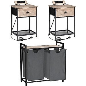AMHANCIBLE Night Stand Set 2, Small Nightstand with Charging Station, Laundry Hamper with 2 Section