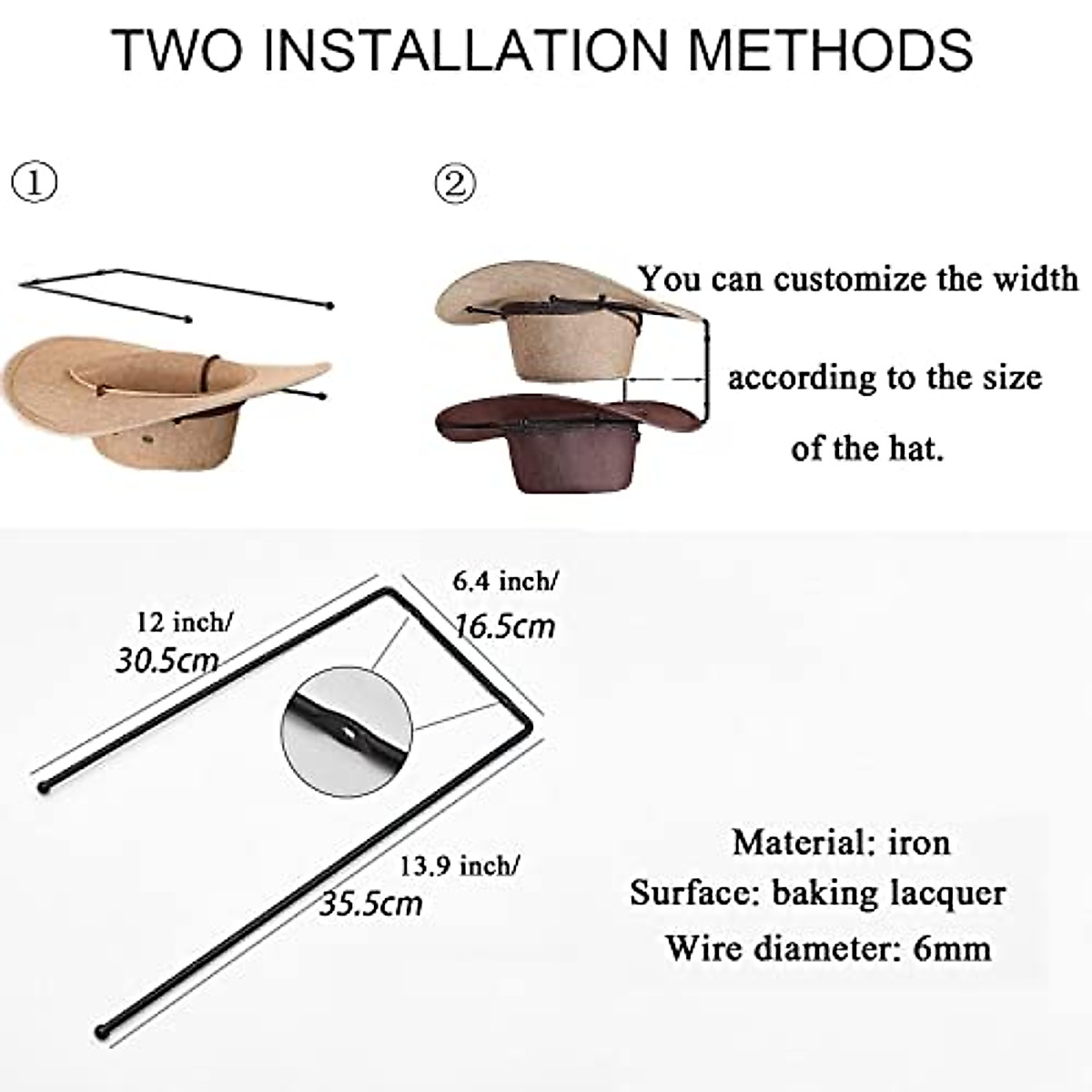 YYDSZZ Cowboy Hat Rack for Wall,6 Pieces Cowboy Hat Holder for Hat Storage Cowboy Hat Hangers for Wall Display, Hat Holder Organizer (Black)