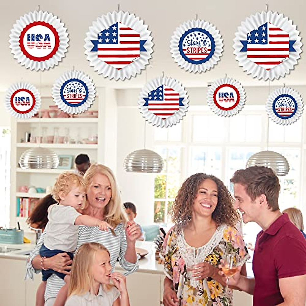 Big Dot of Happiness Stars and Stripes - Hanging Patriotic Party Tissue Decoration Kit - Paper Fans - Set of 9