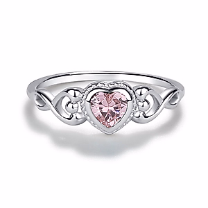 Precious Pieces Sterling Silver October CZ Simulated Birthstone Baby Ring with Heart for Little Girls, Kids and Toddlers (Size 4)