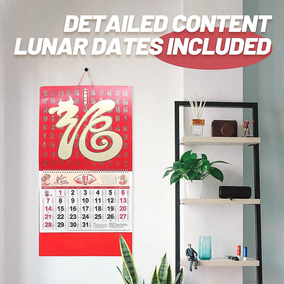 MAGICLULU Paper Calendar 2024 Wall Calendar Vintage Year of Dragon Hanging Calendar Traditional Chinese Lunar Calendar Monthly Schedule Agenda Planner for Home Office Calendar Washi Tape