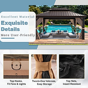 MELLCOM 12'x16' Hardtop Gazebo, Galvanized Steel Metal Double Roof Canopy with Curtains and Netting, Brown Permanent Pavilion Gazebos with Aluminum Frame for Patio, Lawn & Garden