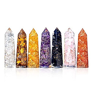 Orgone Healing Point Wands Set of 7 Includes 3.5” Amethyst Crystal, Rose Quartz, Black Tourmaline, Tigers Eye, Citrine, Carnelian, and Clear Quartz-big crystals for Spiritual Meditation and Protection