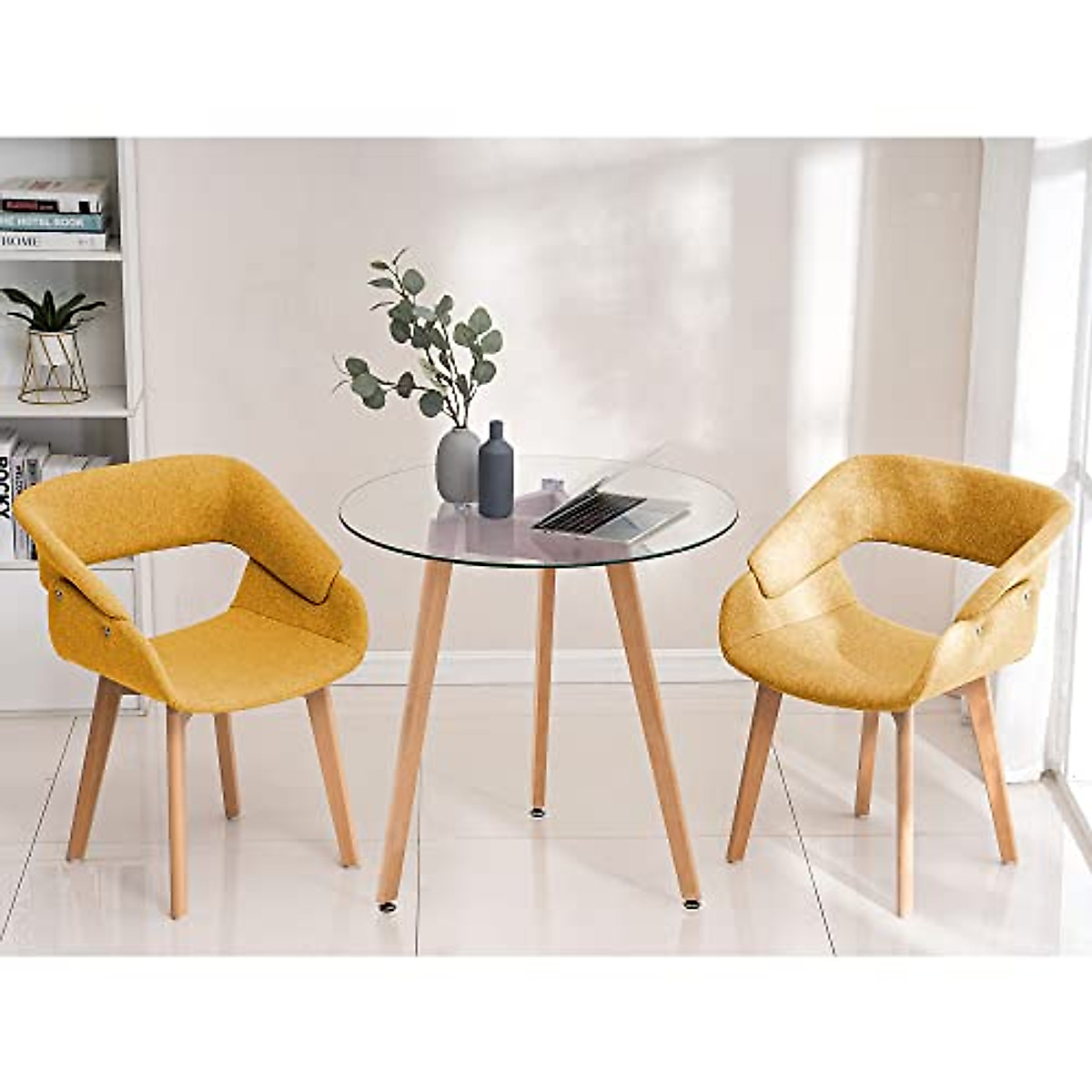ivinta Small Dining Table Set for 2, Round Glass Dining Table with Two Yellow Upholstered Fabric Chairs, 3 Pieces Dining Table Set for Apartment, Kitchen, Dining Room, Patio Dining Set (Yellow)…