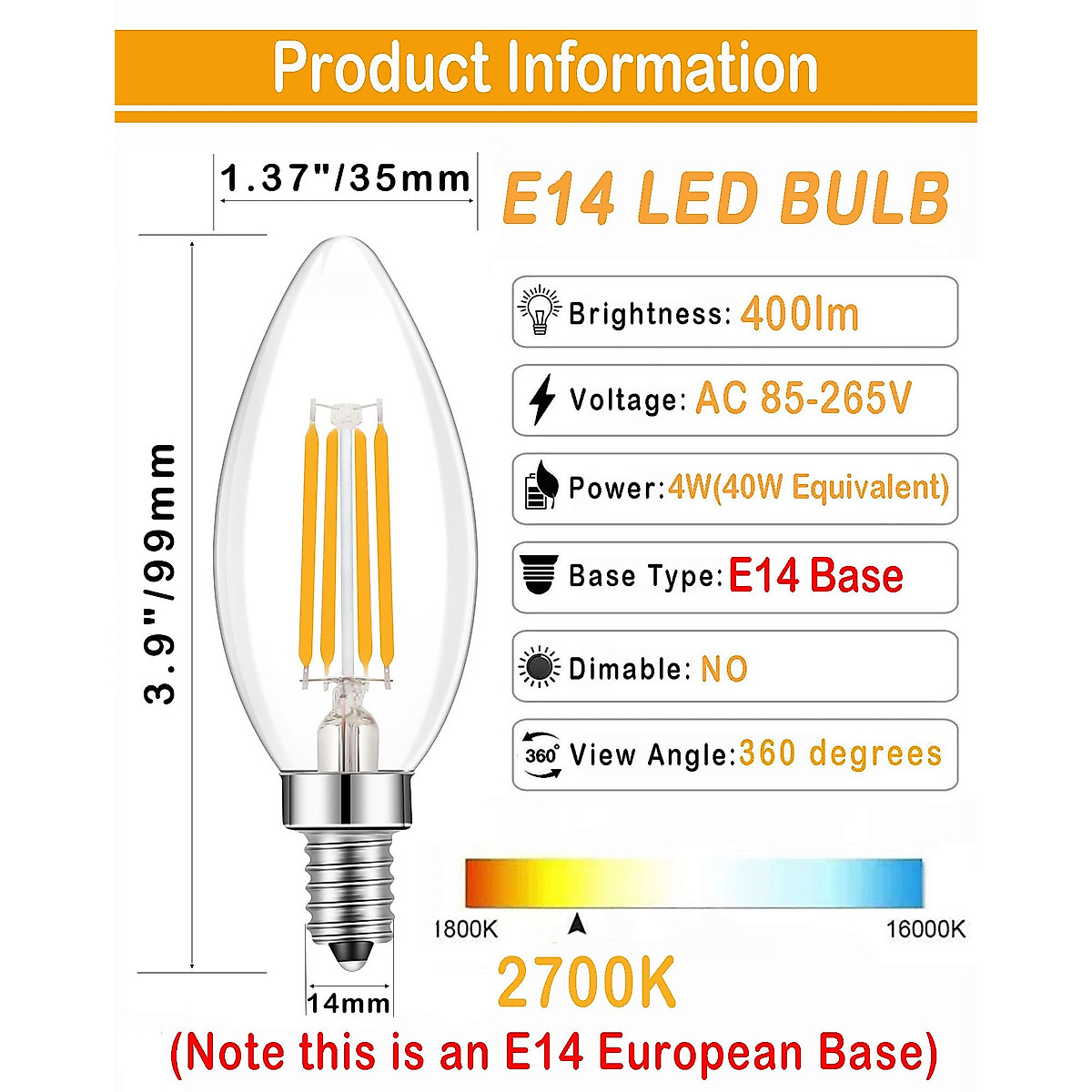 Lamsky E14 Base LED Filament Candle Shape Light Bulb,E14 European Base Bulb,Warm White 2700K 400LM 40W Equivalent,C35 Clear Glass Torpedo Shape Bullet Top,No-Dimmable (4-Pack)