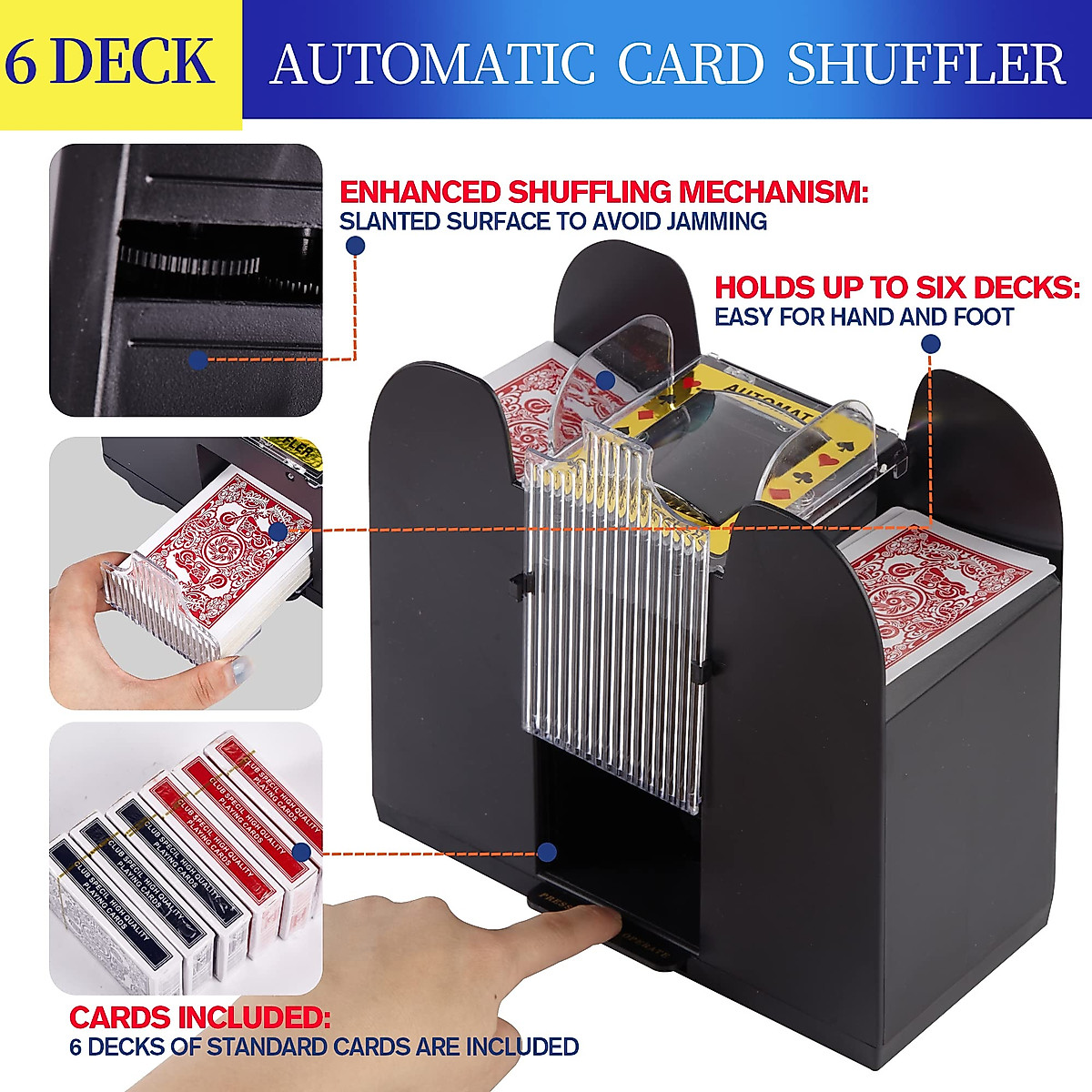 FONBEAR Automatic Card Shufflers 6 Deck (Playing Cards Included) - Battery-Operated Electric Shuffler Heavy Duty - Great for Casino, Home & Tournament Use for UNO, Blackjack, Texas Hold'em, Phase 10