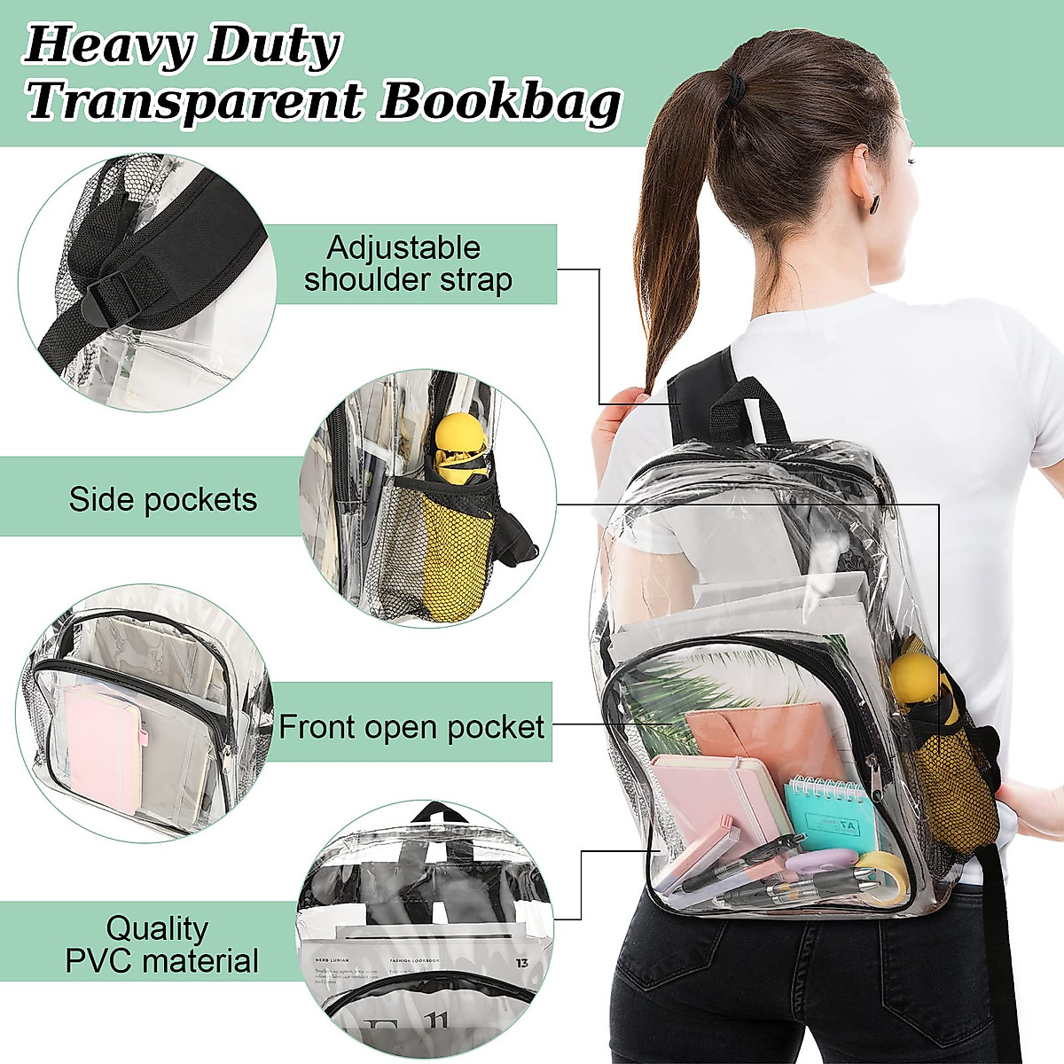 6 Pcs Clear Backpack Set Heavy Duty PVC Transparent Backpack Clear Book Bag See Through Backpack Clear School Bag with Clear Toiletry Bag Pencil Case