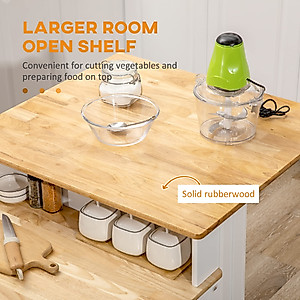 HOMCOM Kitchen Island with Storage Cabinet and 2-Level Rubber Wood Tabletop, Island Table with Adjustable Shelves and Drawers, White