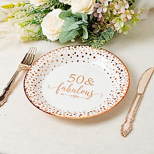 Crisky 50 Fabulous Disposable Plates for Women 50th Birthday Decorations Rose Gold Dessert, Buffet, Cake, Lunch, Dinner Disposable Plates 50th Birthday Party Table Supples, 50 Count, 9 inches