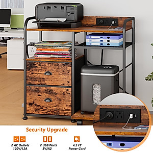 Furologee Printer Stand with Power Outlet, Lateral File Cabinet with 2 Large Drawers, Shredder Shelf Stand with Wheels & 4 Tiers Open Shelves for Office, Home, Living Room, Rustic Brown