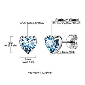 925 Sterling Silver March Birthstone Earrings, Womens Hyperallergic Earrings Simple Dainty Aquamarine Crystal Heart Shaped Stud Earrings Women