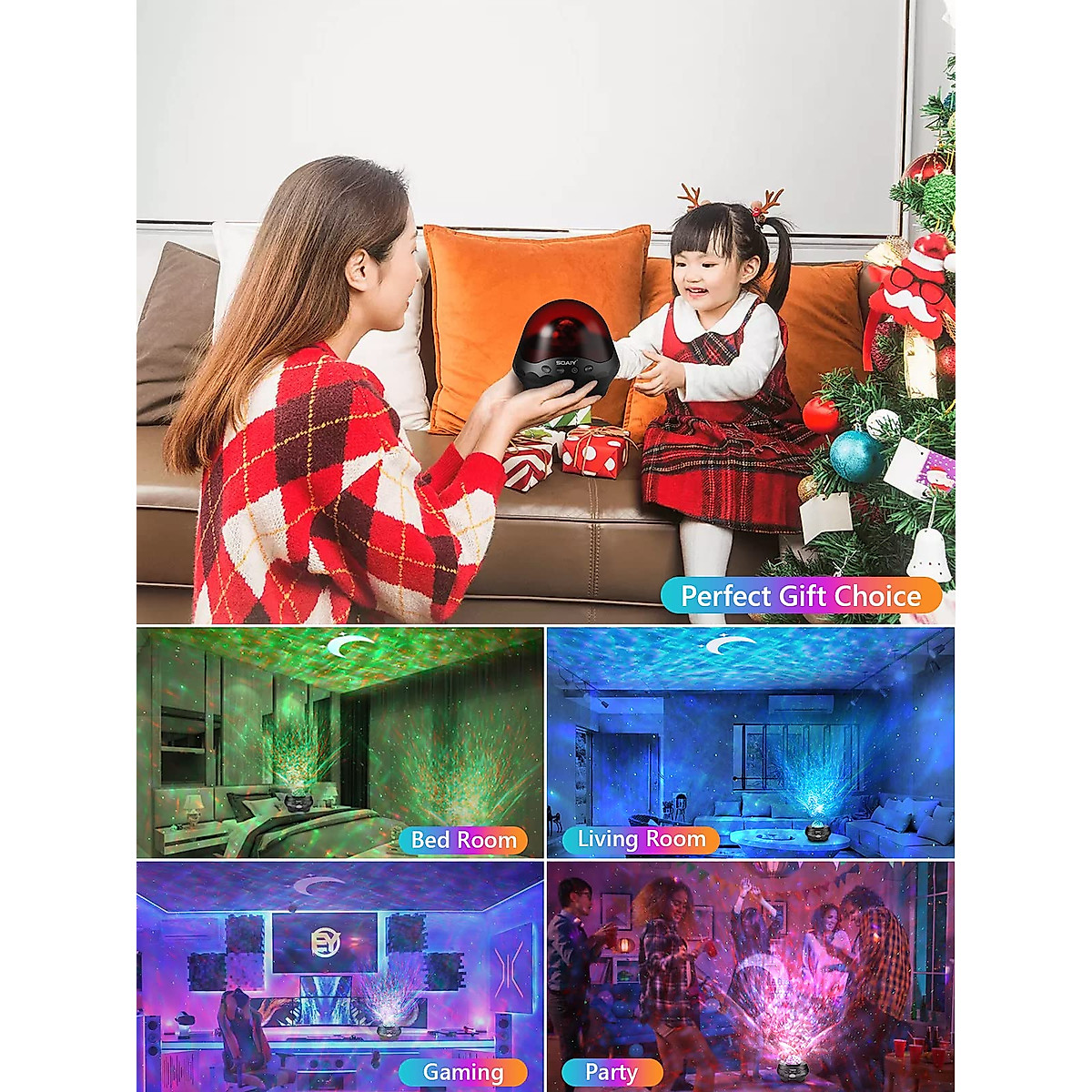 SOAIY Star Projector, Galaxy Projector Starry Night Light Projector with Bluetooth Speaker, Remote Control, 8 White Noises, Works with Alexa Smart App for Kids Adults Bedroom/Party/Home Ceiling Decor