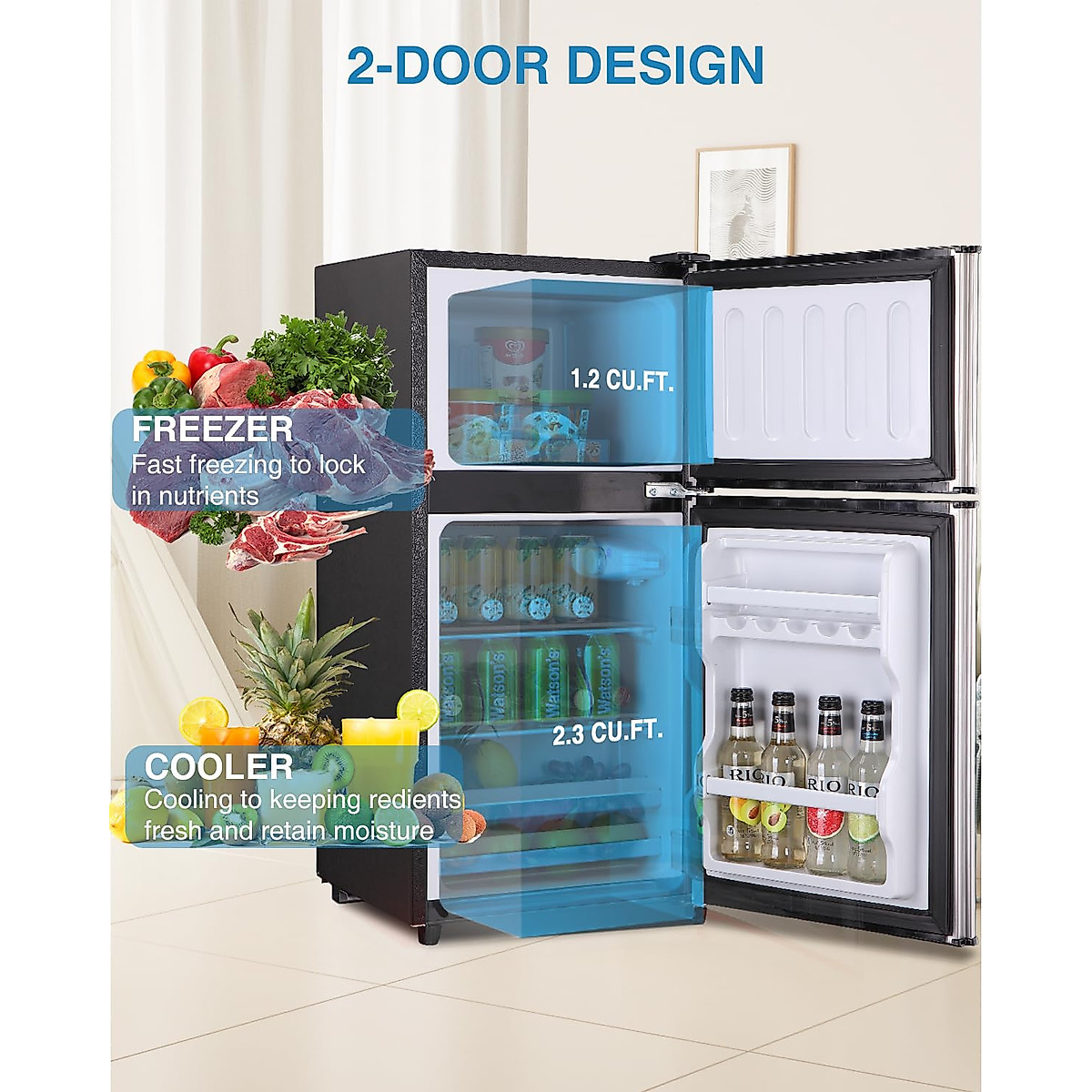 Kazigak 3.5 Cu.Ft Mini Fridge with Freezer, Double Door, Small Refrigerator,7-Level Adjustable Thermostat, Quiet Mini Fridge for Bedroom, Office, Dorm, Apartment, Silver