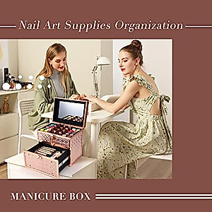 Costravio Nail Supplies Organizer Box Nail Polish Storage Case for Nail Tech or Home Use With Drawer and Slots Travel Makeup Train Case Portable Lockable - Rose Gold