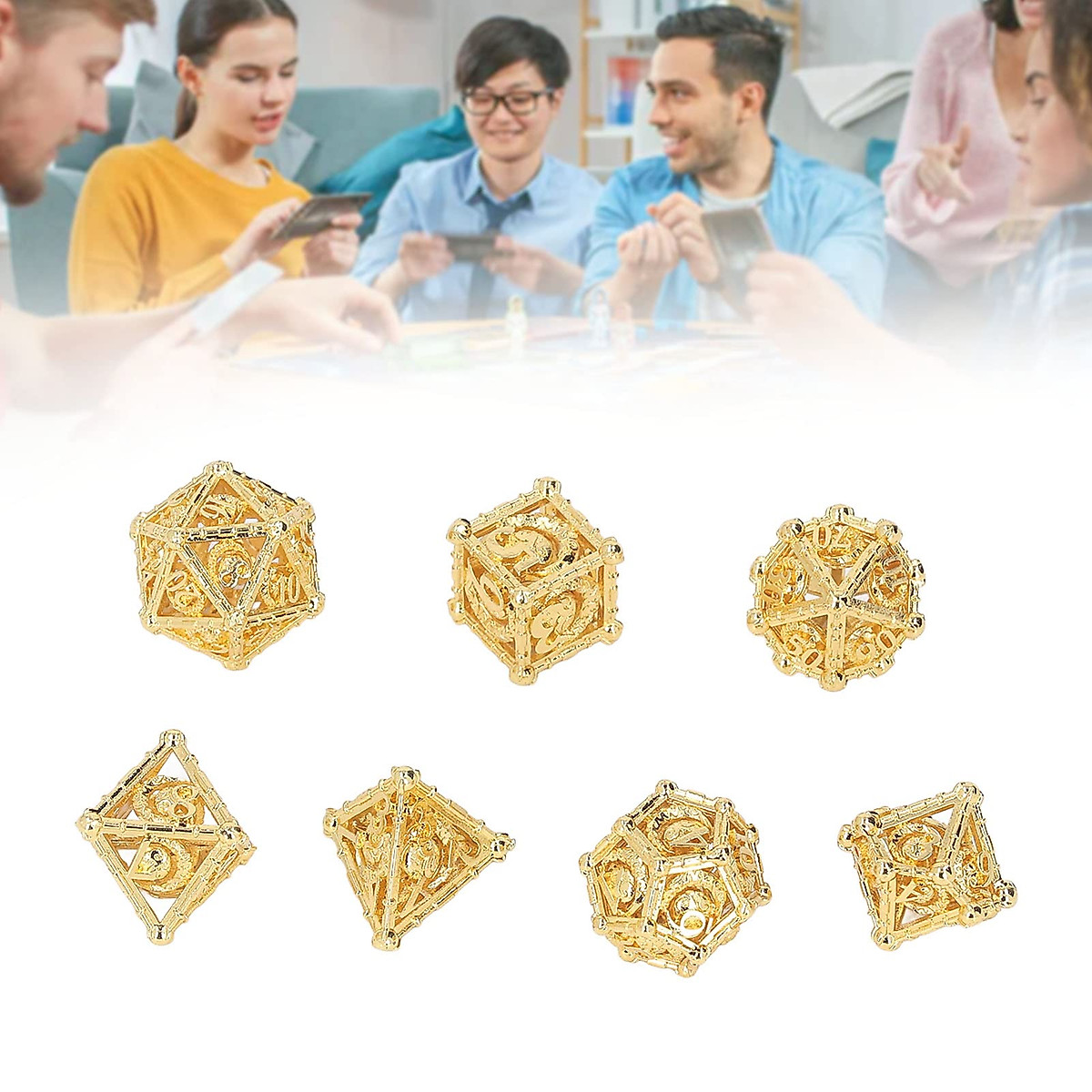 7pcs Dice Set, Hollow Out Exquisite Carved Keep Balance Copper Polyhedral Dice Set for Board Games