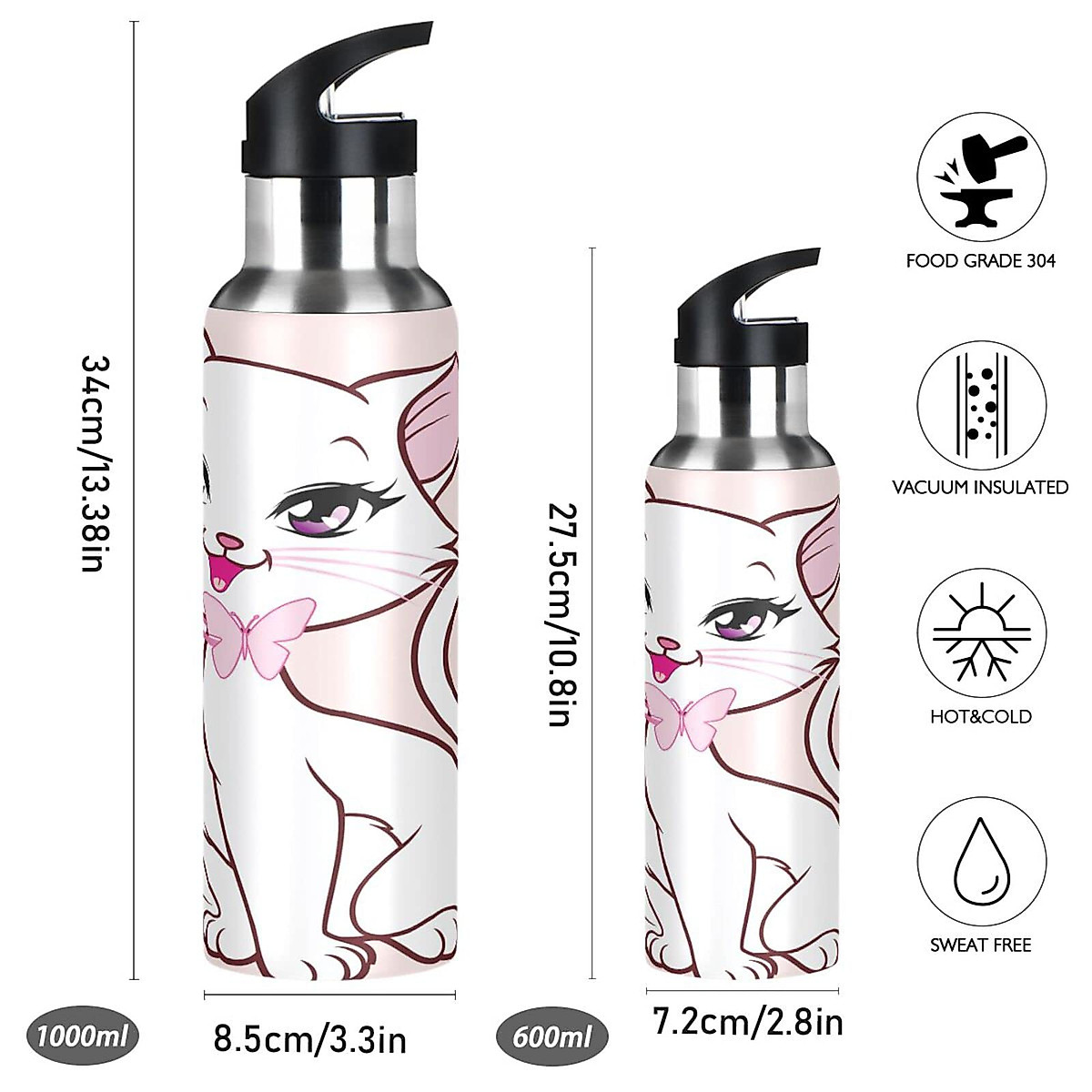 Kigai Cute Cat Water Bottle with Straw Lid 20oz Vacuum Insulated Stainless Steel Sport Water Bottles for Gym, School, Travel