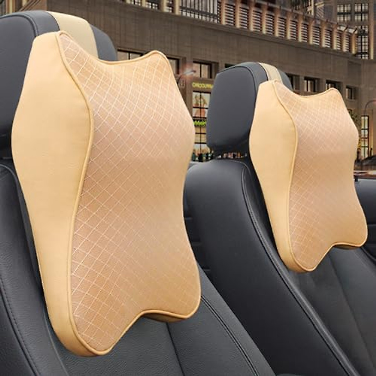 Winter-Proof Car Neck Pillow Memory Foam Relieve Pain Drive in Comfort with Universal Versatile Breathable Headrest Cervical Spine Support Beige Large