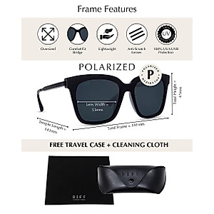 DIFF Bella Designer Oversized Square Sunglasses for Women UV400 Polarized Protection w/giftable travel case, Black + Grey