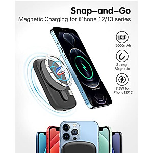 YaNovate Magnetic Power Bank, 5000mAh Magnetic Wireless Power Bank Portable Charger, PD 20W External Battery Pack Compatible with iPhone 12/13 Pro/12 Pro Max/12Mini - Black