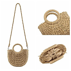 Ayliss Women Straw Handbag Summer Beach Rattan Tote Bag Crossbody Shoulder Top Handle Handbag Handmade Purse Clutch Bag (Khaki)