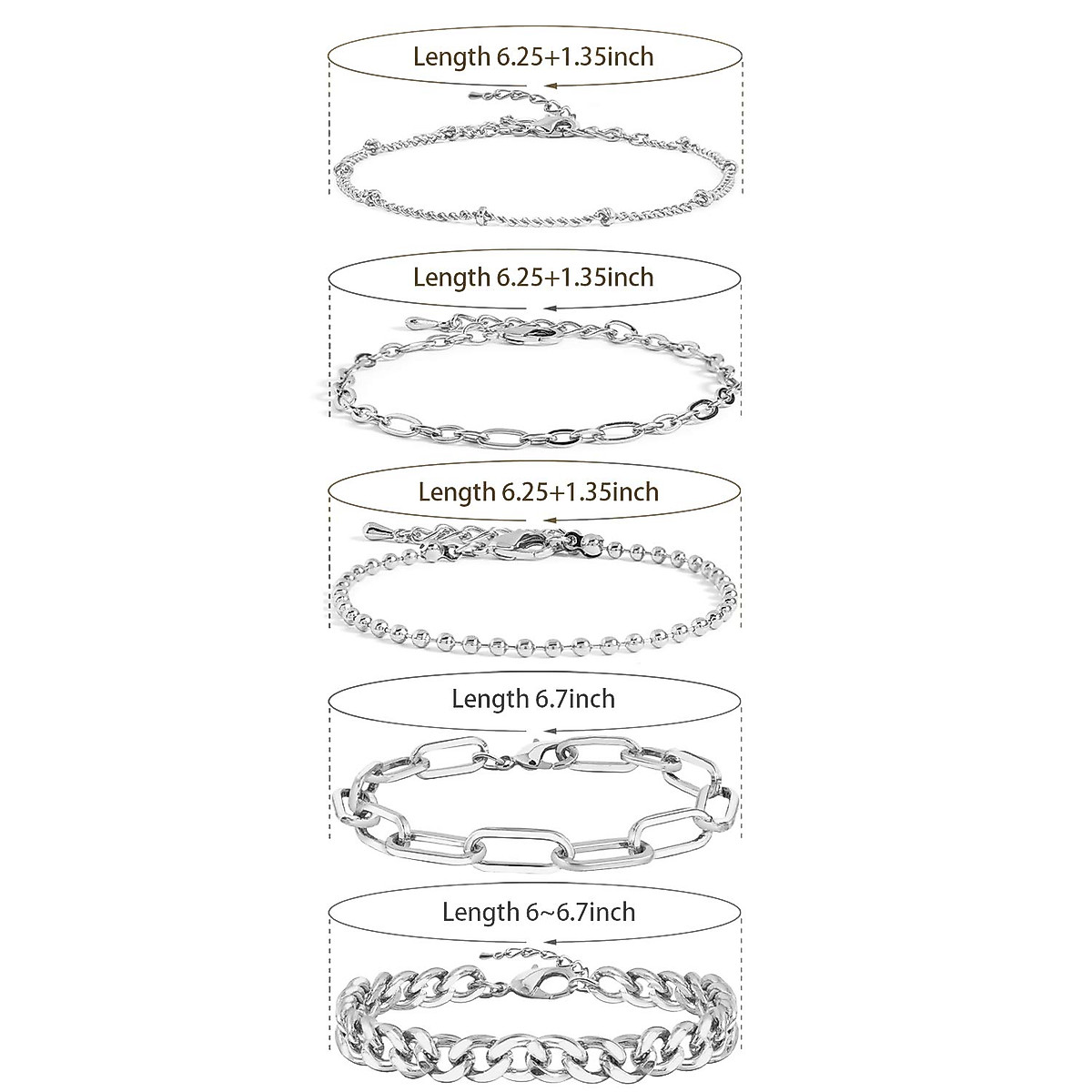 Elegance 11 designs Silver Link Bracelet for Women Silver Plated Dainty Link Beads Bracelets Adjustable Layered Metal Link Bracelet Set Handmade Fashion Jewelry