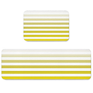 Yellow White Striped Kitchen Mat Set of 2, Cushioned Anti-Fatigue Kitchen Rugs, Waterproof & Non-Slipping Kitchen Mat for Floor, Durable Kitchen Rugs and Mats for Kitchen & Laundry, Gradient Color