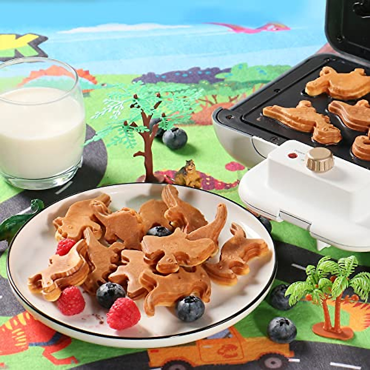 Mini Waffle Maker Dinosaur Waffle Iron for Kids 7 Unique Dino Waffle in Minutes, Electric Nonstick Waffle Pancakes Maker with Removable Plates Breakfast Maker Machine, Fun Gift for Kids Family