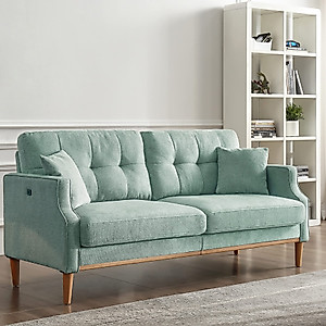 Plococo Mid-Century Modern 3 Seat Sofa Couch, The Ultimate Comfort Experience Loveseat with Thick Cushions,Waterproof Fabric,and USB Port, Aqua