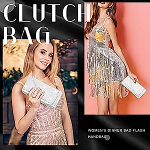 Tessco Women's Evening Bag Glitter Clutch Silver Clutch Purses for Women Evening Wedding Party Prom Purse Rhinestone Crystal Silver Clutch Bag with Detachable Chain