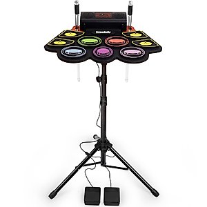 Electric Kids Drum Set,Electronic Drum Set Practice 9 Pads With Stand,Music Recording,Light Up Drum Sticks,Drum Pedal,Midi,Dual Stereo Speaker(Rainbow)