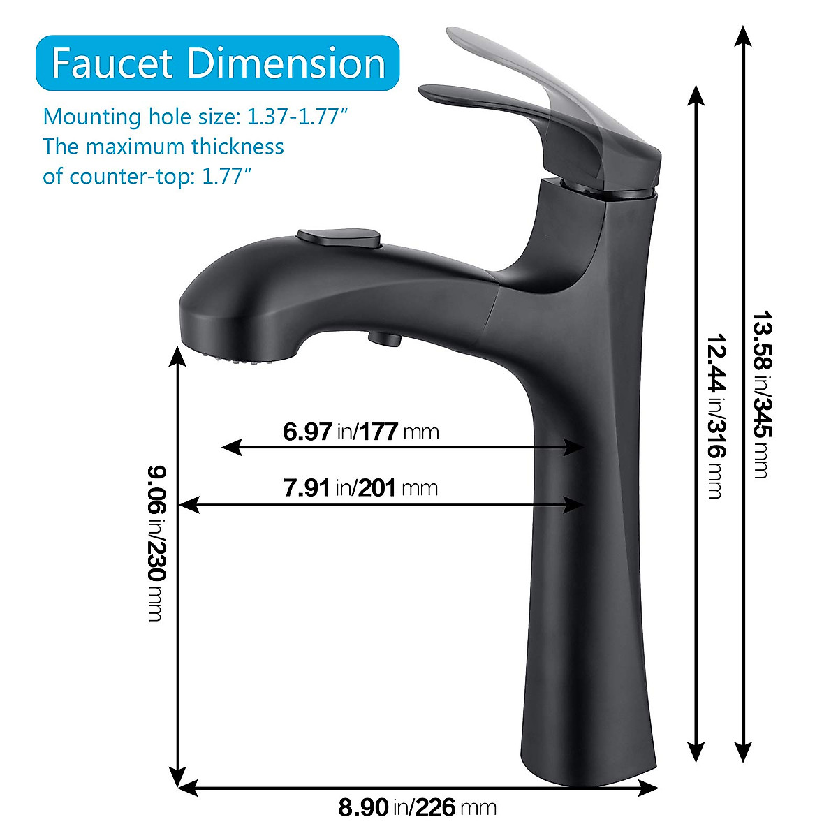 MIAOHUI Matte Black Vessel Sink Faucet, Pull Out Tall Bathroom Faucet, Single Hole Bathroom Sink Faucet with 3 Modes Pull Down Sprayer, One Handle Modern Vanity Faucet, Farmhouse Lavtory Faucet