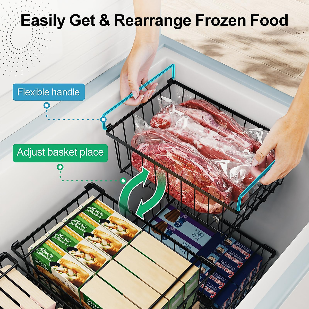 iSPECLE Freezer Organizer Bins - 4 Pack Stackable Chest Freezer Organizer for 5 Cu.FT Deep Freezer Sort Frozen Food, Deep Freezer Organizer Bins Easy to Get Food from Bottom Better Ventilation, Black