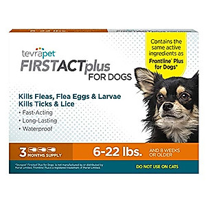 TevraPet FirstAct Plus Flea and Tick Prevention for Small Dogs 6-22 lbs, 3 Monthly Doses, Topical Drops