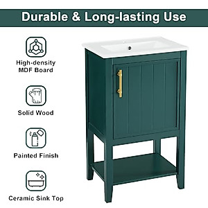 20" Freestanding Bathroom Vanity with Ceramic Sink, Wood Bathroom Storage Cabinet with Soft Closing Door, Storage Rack and Open Shelf Bathroom Vanity Sink Combo for Small Space, Green