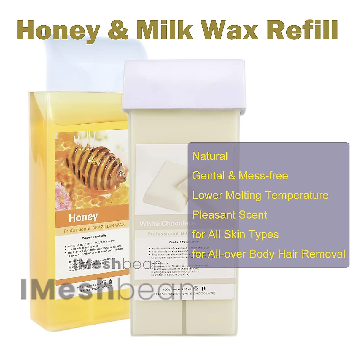 iMeshbean® Depilatory Roll on Wax Heater Roller Warmer Cartridge Strips Honey & Milk Hair Removal Kit for Women Men (2 Wax & 1 Paper)