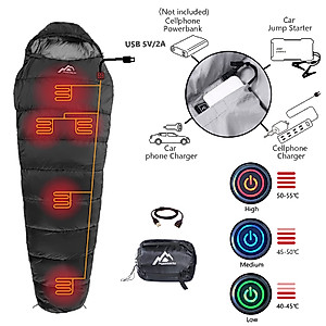 Mantuole Heated Sleeping Bag 5pcs Multi USB Power Support Heating Pads,Operated with Battery Power Bank or Other USB Power Supplies, Mummy Style. Black-Basic with 20000mah Battery Pack
