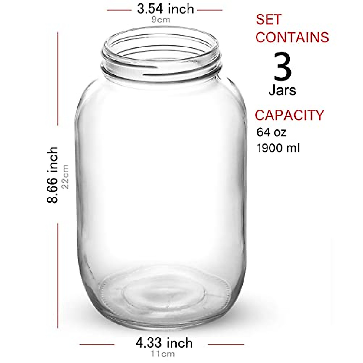 3 Pack Mason Jars 64 oz Wide Mouth with Lid and Band, Half Gallon, Airtight Lids , Clear, Glass (Set of 3)