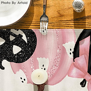 Artoid Mode Pink Jack-O-Lantern Pumpkin Bat Halloween Table Runner, Holiday Kitchen Dining Table Decoration for Indoor Outdoor Home Party Decor 13 x 72 Inch