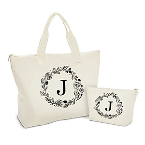 Binggemen Personalized Initial Canvas Tote Bag with Zipper, Present Bag with Inner Pocket & Make Up Bag, Great Gifts for Women, Mom, Teachers, Friends, Bridesmaids