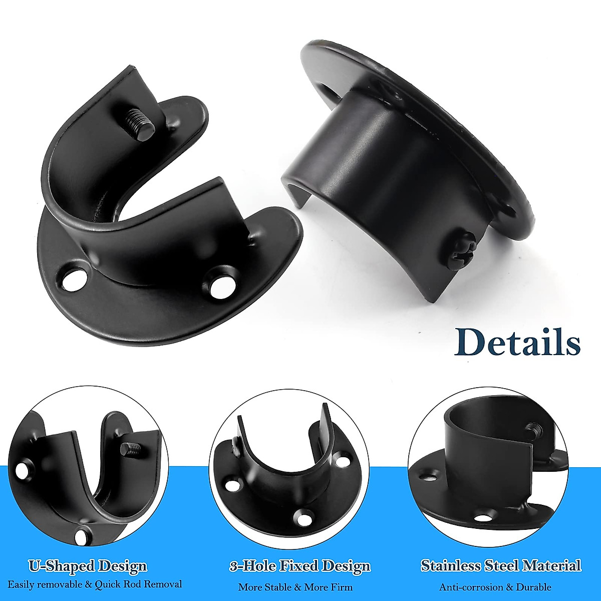 Moicstiy 4Pcs 1-1/3 Inch Stainless Steel Closet Rod End Supports Heavy Duty Wardrobe Pole End Rod Support Bracket U Shaped Flange Rod Holder with Screws (Black)