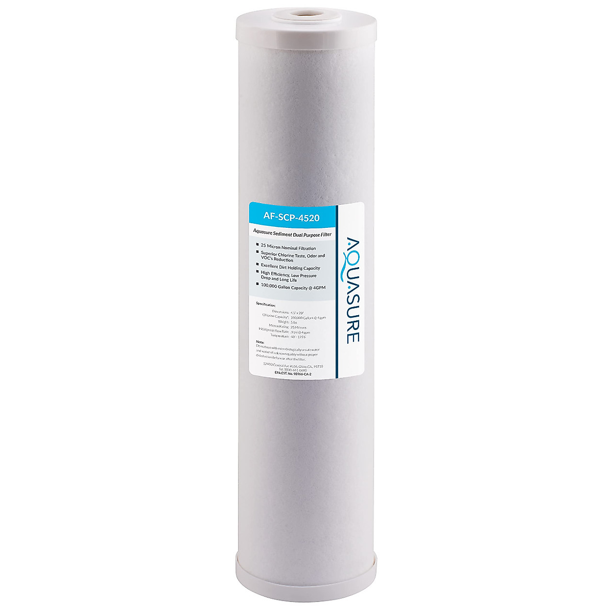 Aquasure Fortitude 25 Micron Sediment + GAC Carbon Mesh Whole House Replacement Water Filter - 20" x 4.5"