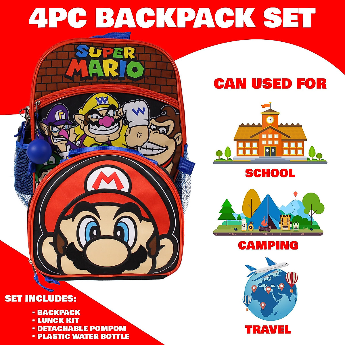 Nintendo Super Mario Bros Backpack with Lunch Box Set for Boys & Girls, 16 inch, 4 Piece Value Set