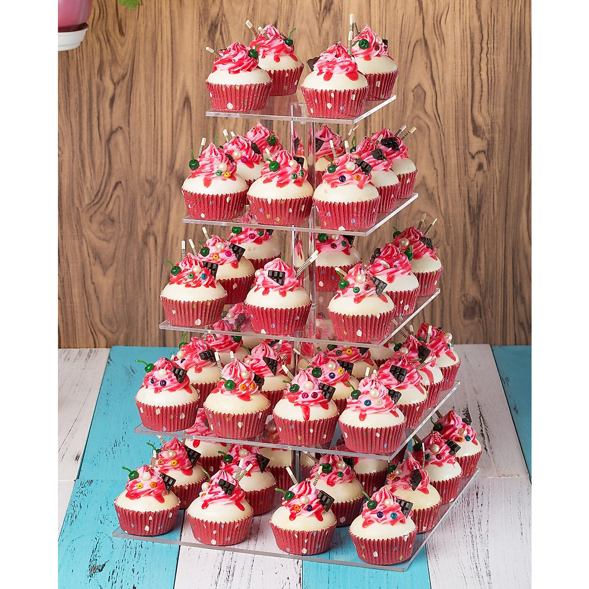 YestBuy 5 Tier Square Acrylic Cupcake Tree Tower Display Stand Display for Pastry Wedding Birthday Party (4" between 2 layers)